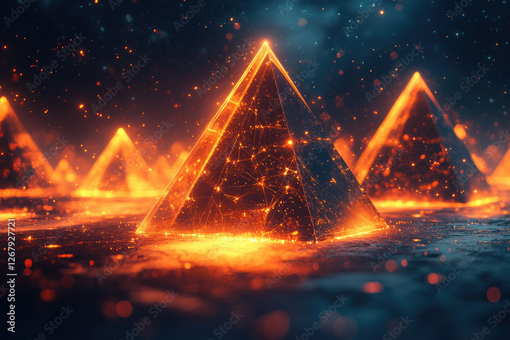 Glowing pyramids with fiery particles in a dark, surreal landscape ...