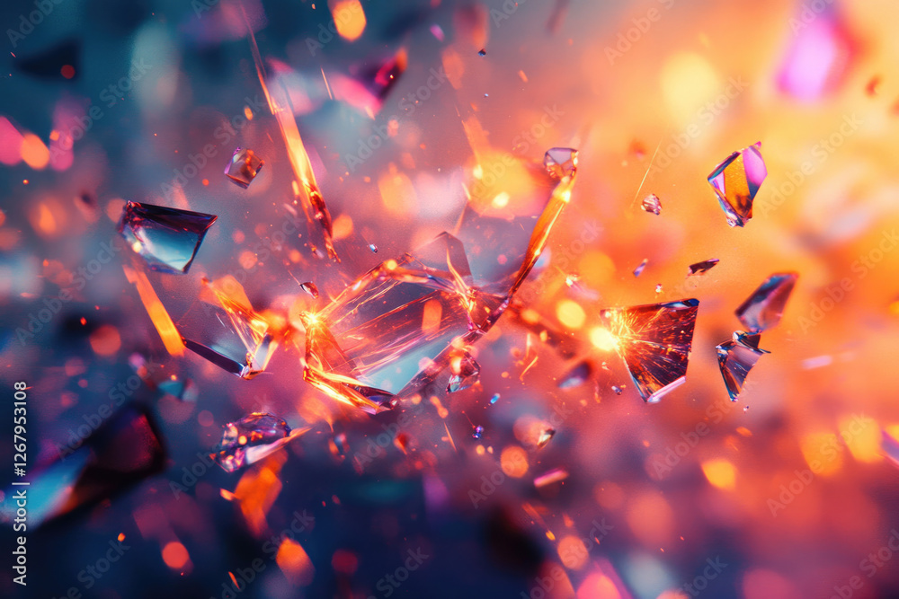 Shattered glass explodes in a vibrant burst of orange and blue, creating a dynamic and abstract ...