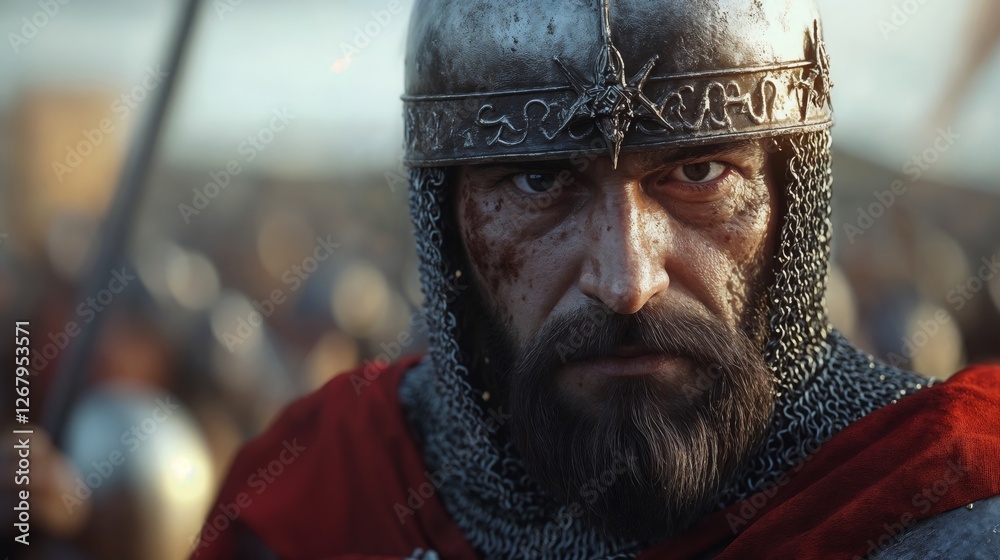 Medieval knight with a battle-worn face covered in dirt and wounds ...