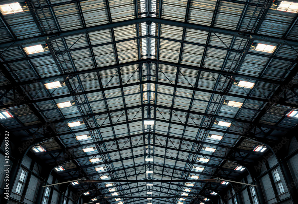 Inside a large production facility hangar, the ceiling features exposed ...