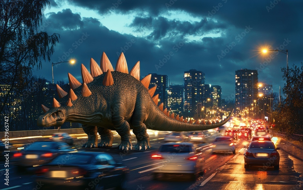 National Geographic Stegosaurus crossing a busy highway, cars swerving ...