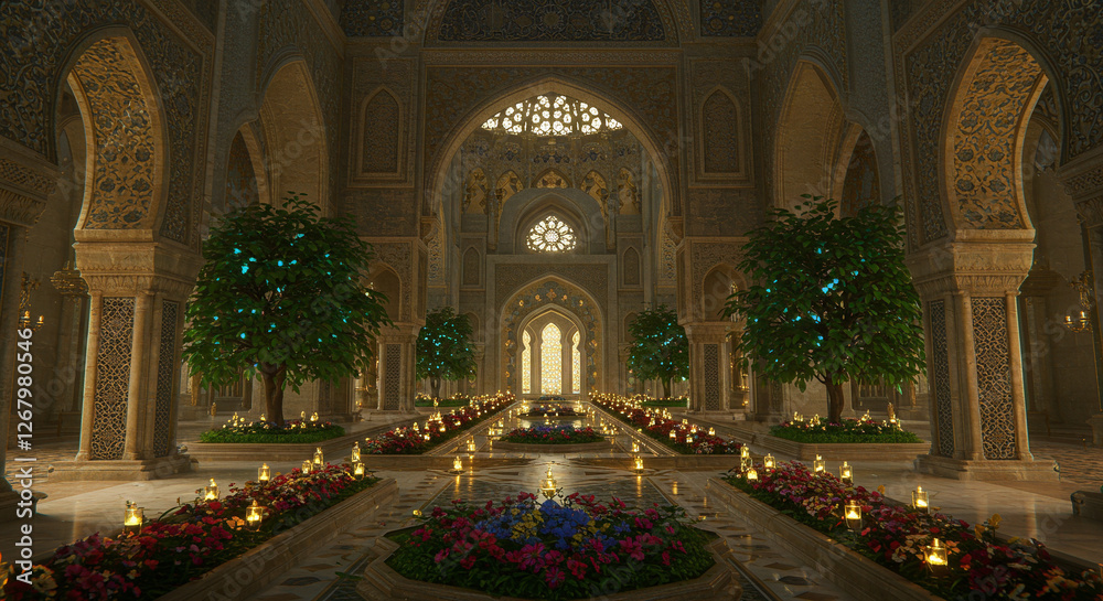 Interior of a grand Arabic palace, with Islamic architecture, and ...