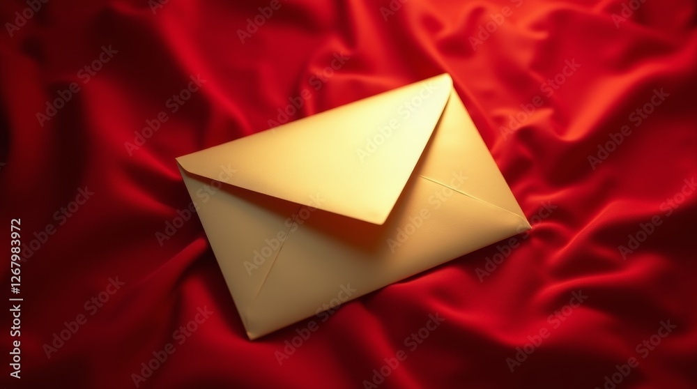 Golden envelope placed on a rich red velvet surface, with soft ...