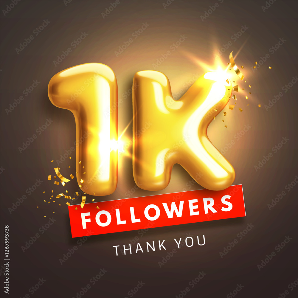 1000 followers celebration banner. Thank you 1k follower peoples. Glossy golden 3d numbers in ...