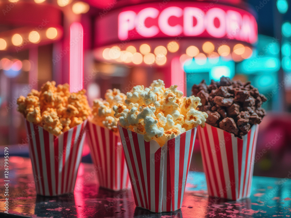 Three striped popcorn containers filled with different types of popcorn ...