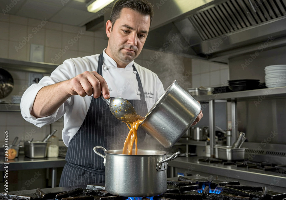 Chef cooking in a kitchen pours sauce from pot with spoon. Professional ...