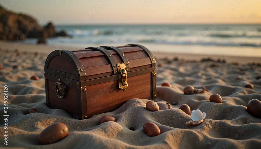 Ancient wooden chest resting on sandy beach at dusk, buried treasure ...