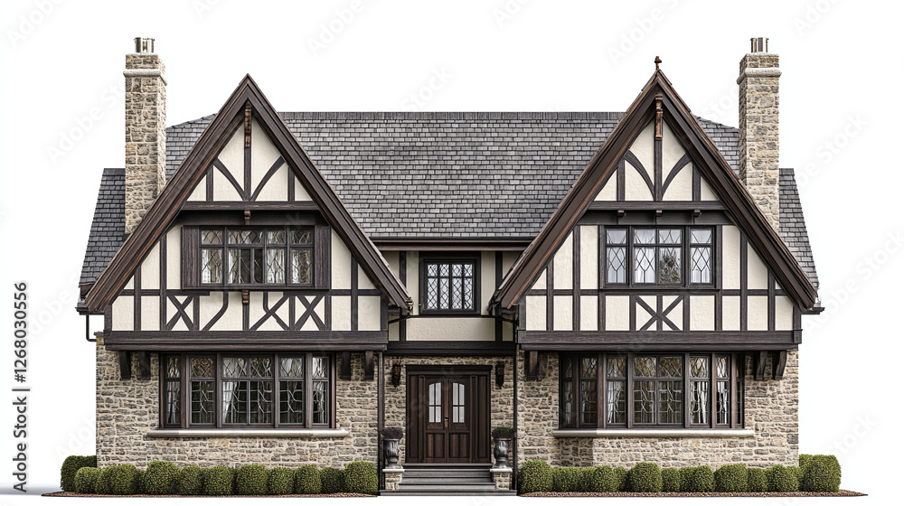 Elegant tudor style house with timber framing and stone accents on ...