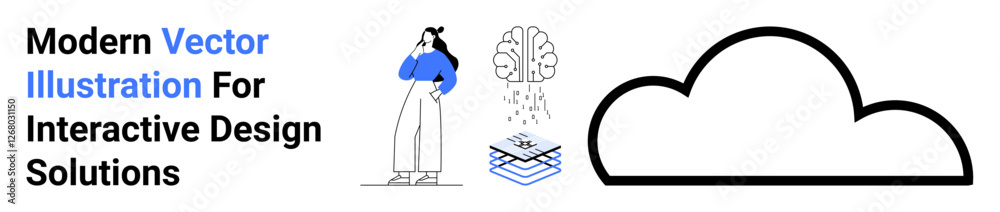 Woman thinking alongside cloud sketch, brain diagram, and layered data ...