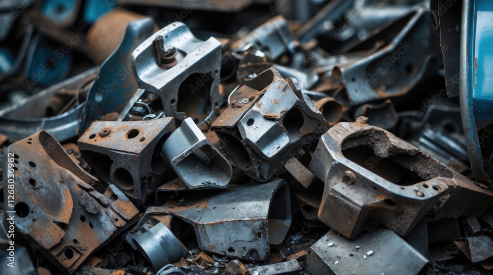 Foto de Stock Scrap metal pieces from crushed cars stacked together ...