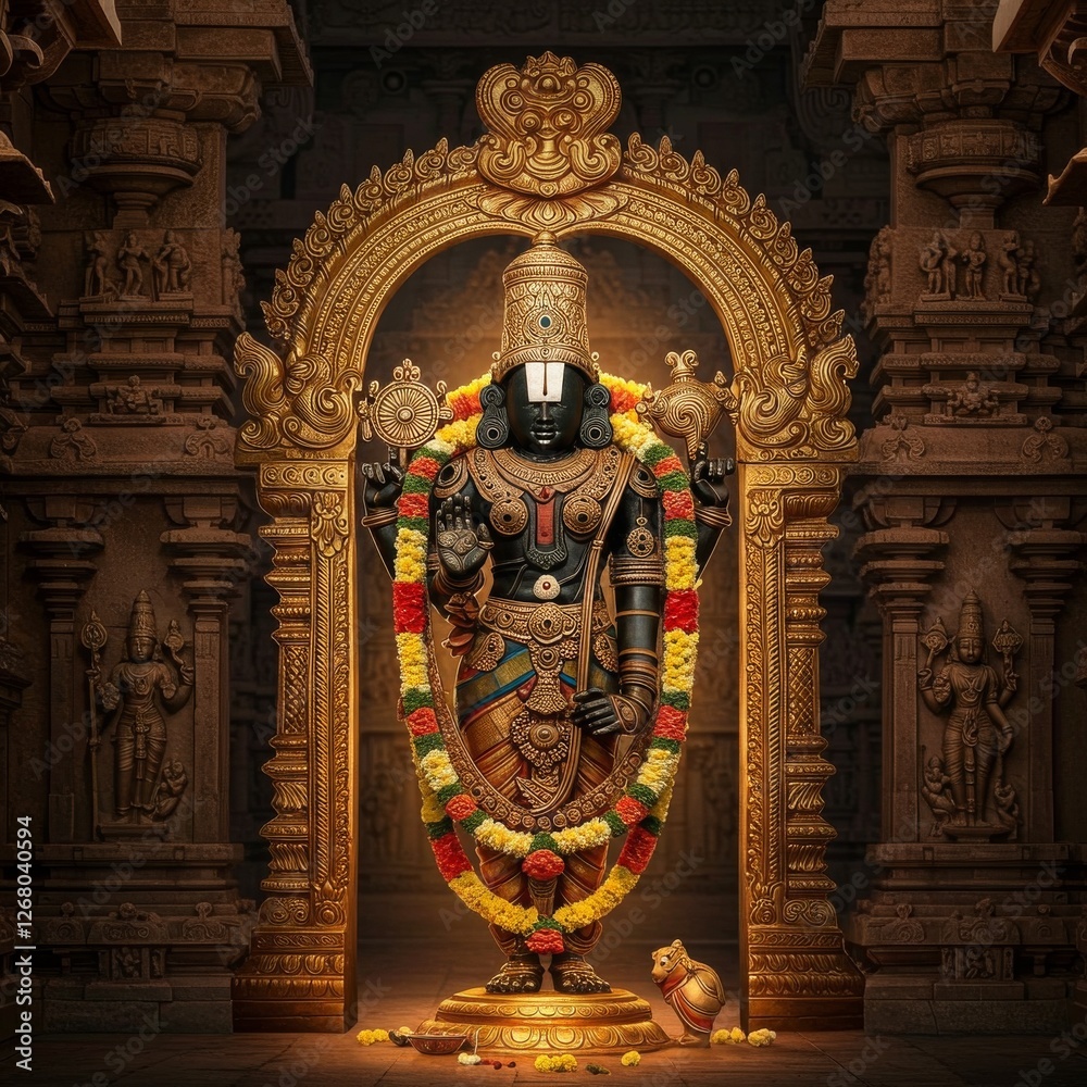 Traditional depiction of Lord Venkateswara in a temple setting ...