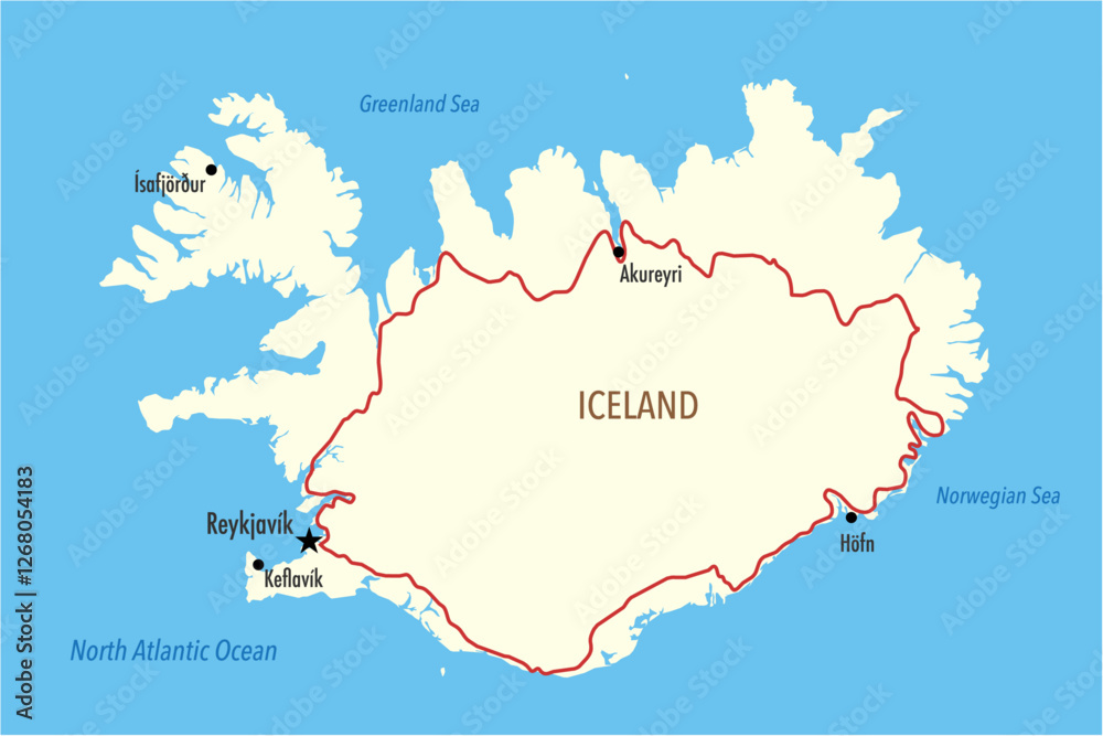 Vector Map of Iceland with Major Cities and Ring Road Route ...