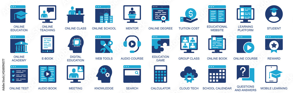 Online education icon set in flat duotone solid icons web design. Pack ...