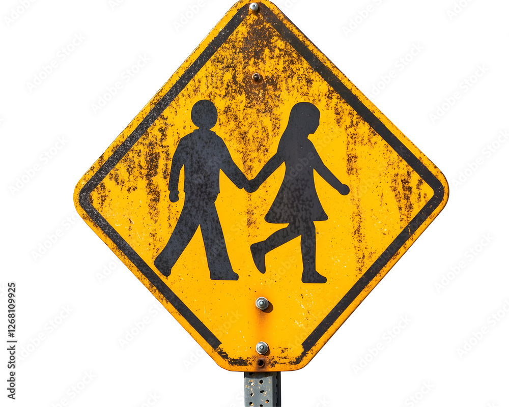 Yellow pedestrian crossing sign with figures of an adult and child ...