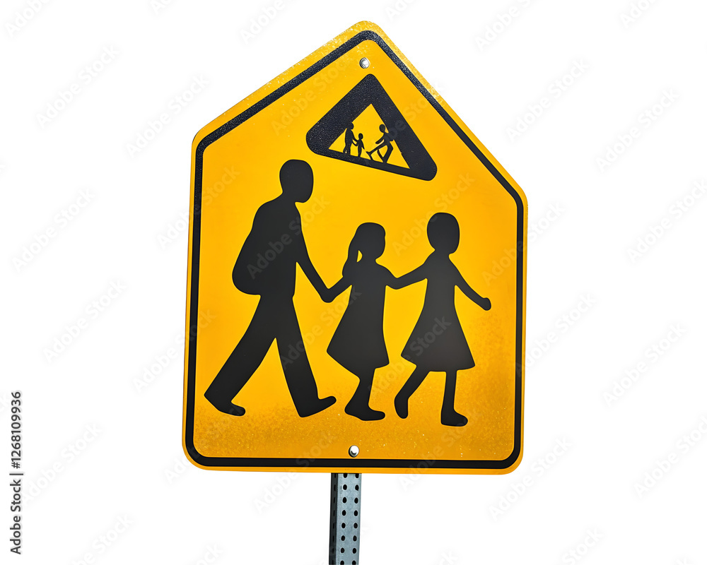 Yellow pedestrian crossing sign with figures of an adult and child ...