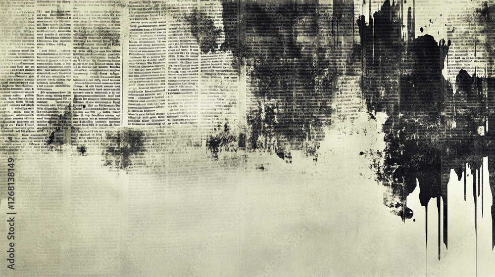 Vintage newspaper background with ink stains and faded text, showcasing ...