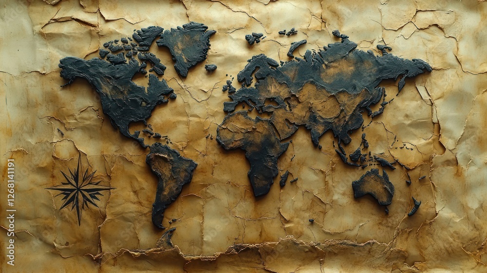 Hand-inked world map with classic compass rose, aged paper texture ...