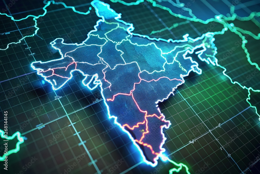 Animated India Map: Black Line Art Provinces & Neighboring Countries ...