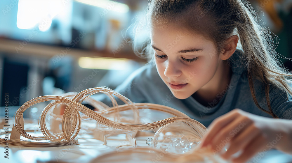 Young girl designing a paper roller coaster for marbles, intricate ...