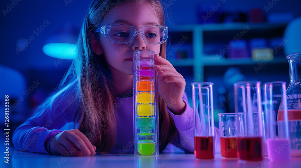 Young girl stacking various liquids in a test tube to create a colorful ...