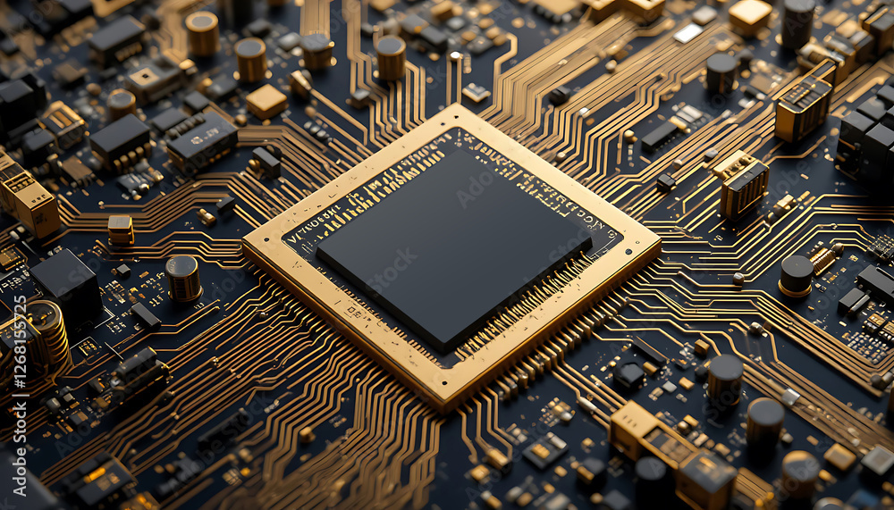 gold computer motherboard with electronic circuit. high-performance microprocessor. artificial ...