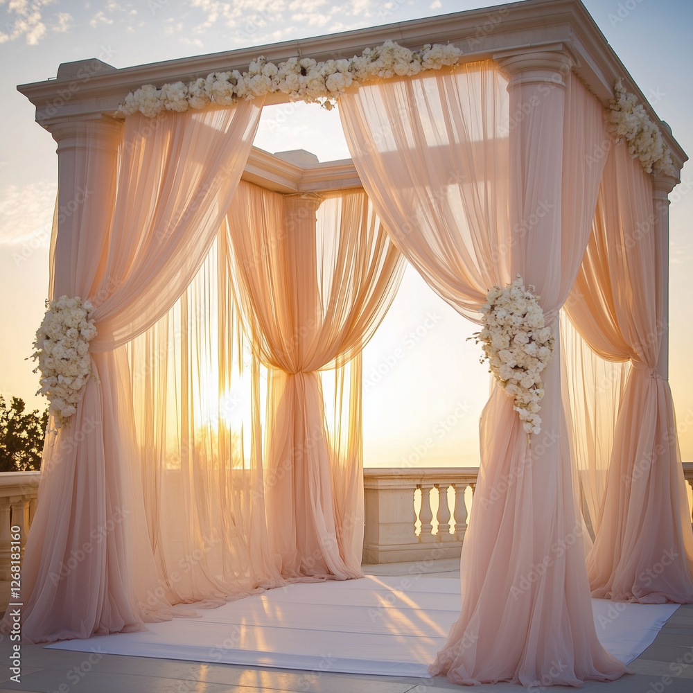 Delightful wedding canopy with gracefully arched columns and soft ...