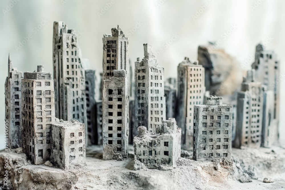 Miniature damaged city landscape featuring ruins and concrete buildings ...