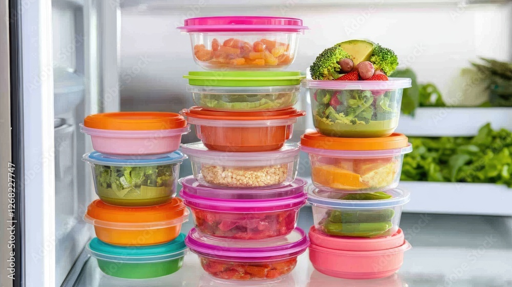 Stacked food containers with different meal prep portions inside a ...