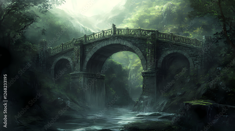 An ancient stone bridge with intricate carvings, spanning a mystical ...