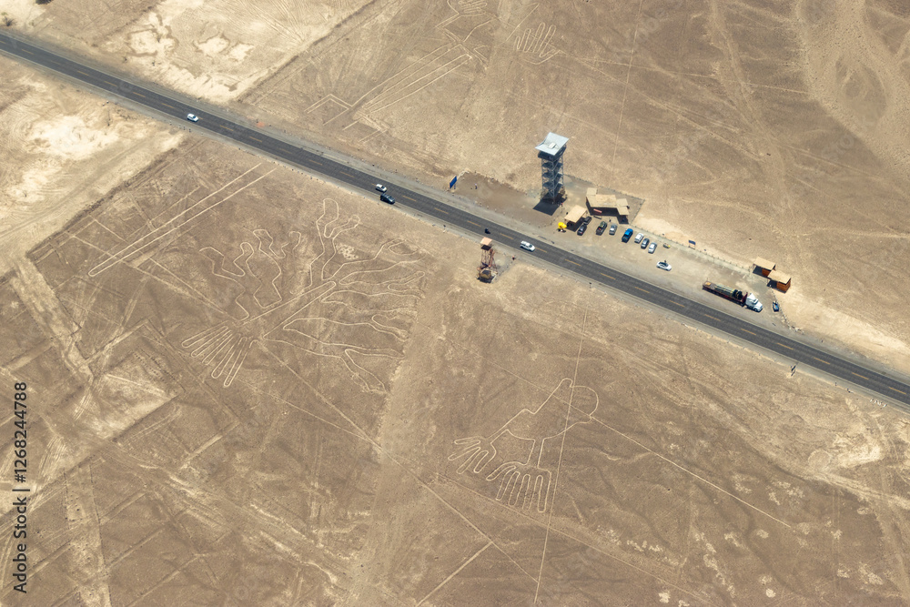 Nazca lines in Peru - (from left to right) The Lizard (la lagartija ...