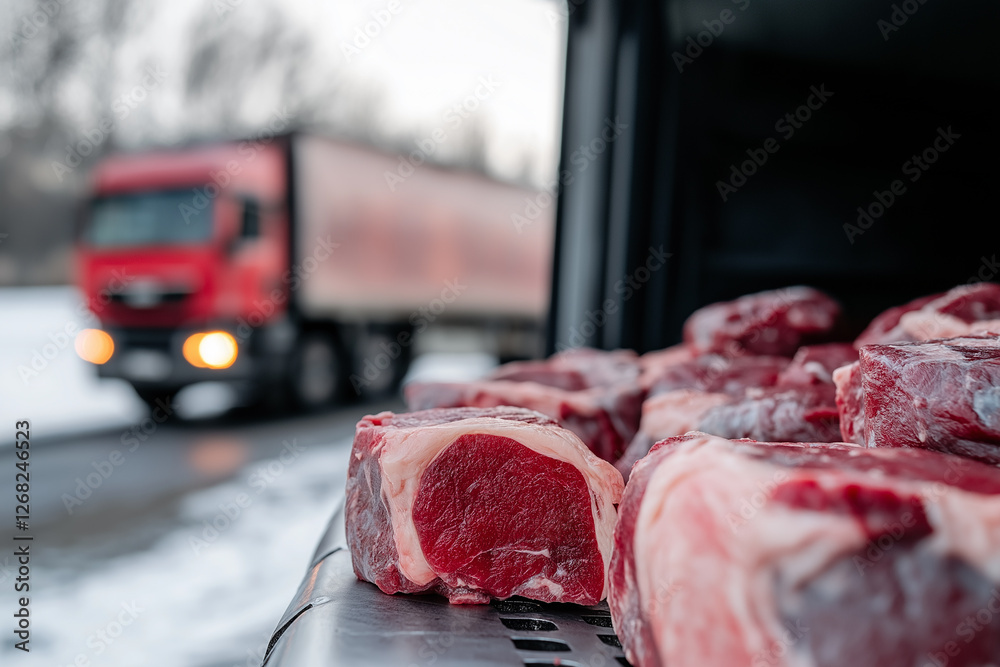 Fresh cuts of meat being loaded into refrigerated trucks at sunrise ...