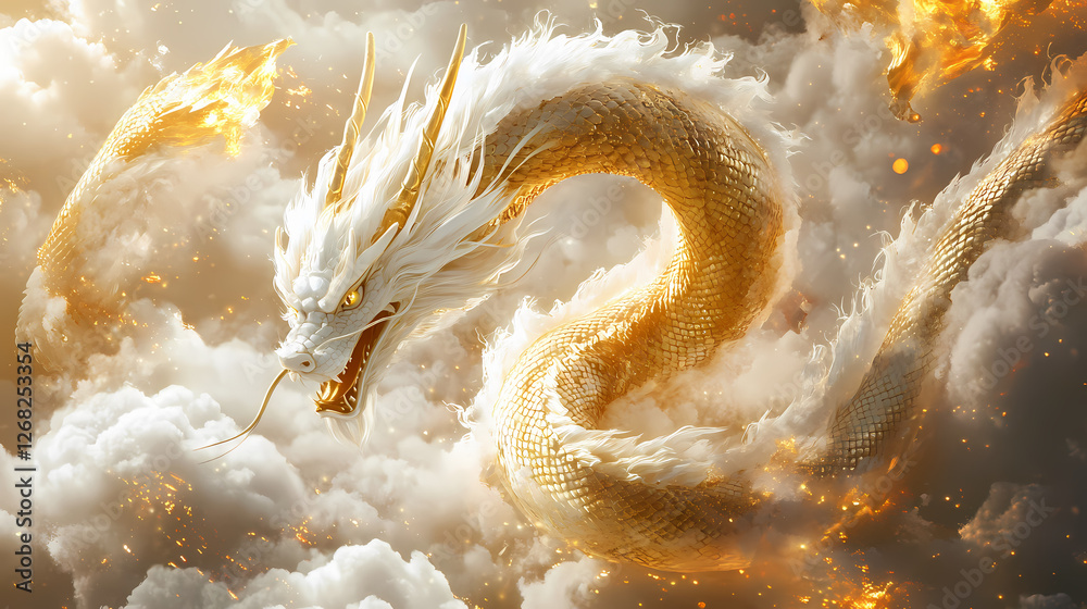 Chinese new year snake golden red concept. majestic white dragon with ...