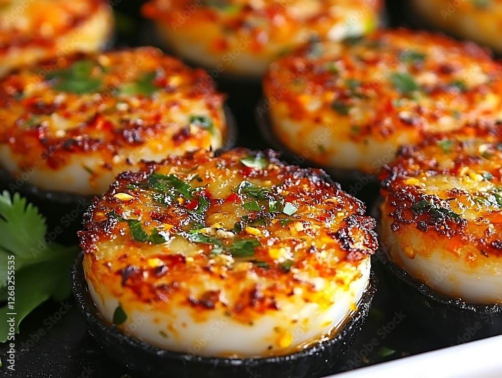 Seared Scallops with Chili and Sesame: A close-up shot of golden brown ...