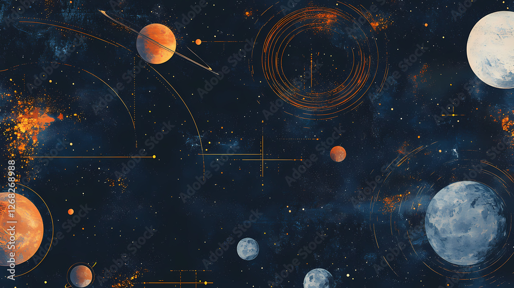 Featuring a suite of orbital paths and celestial bodies, this wallpaper ...