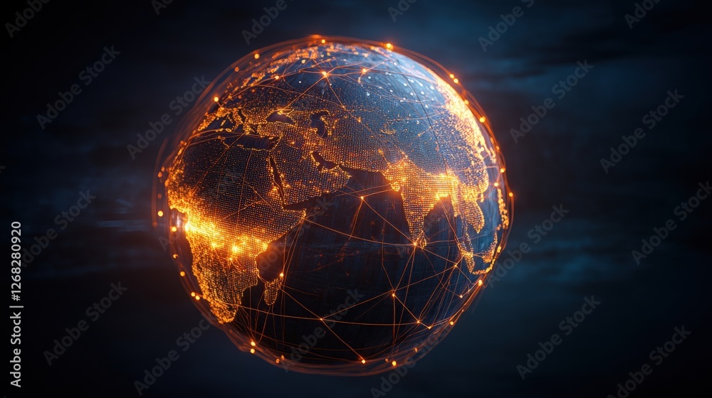 Digital globe with orange and yellow network lines depicting global ...