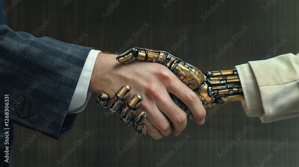 Robot and human shaking hands on a dark background. Friendship between ...