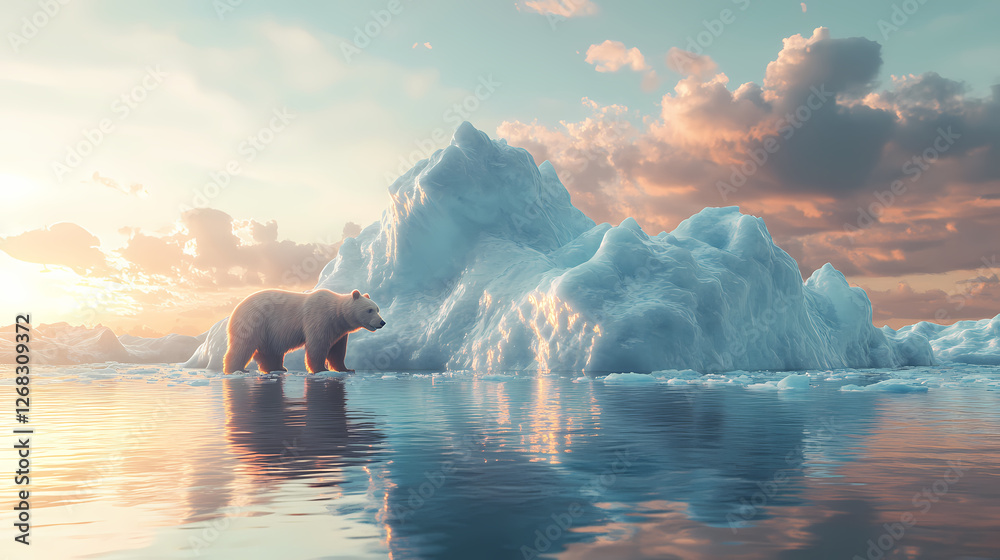 Polar bear, melting ice caps, stranded on iceberg, realistic 3d render ...
