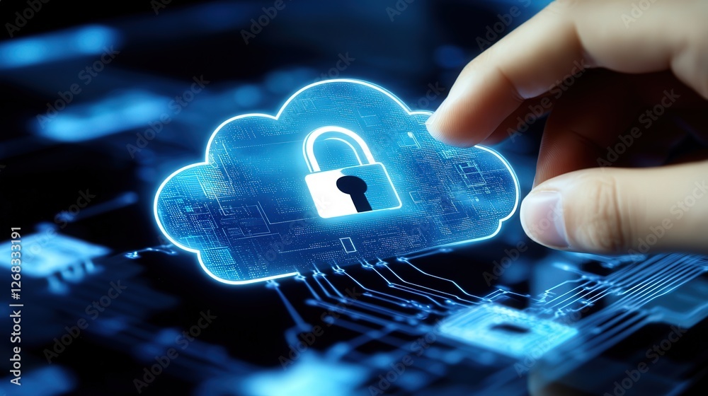 secure cloud computing concept with a lock icon being tapped by a hand on a digital security ...