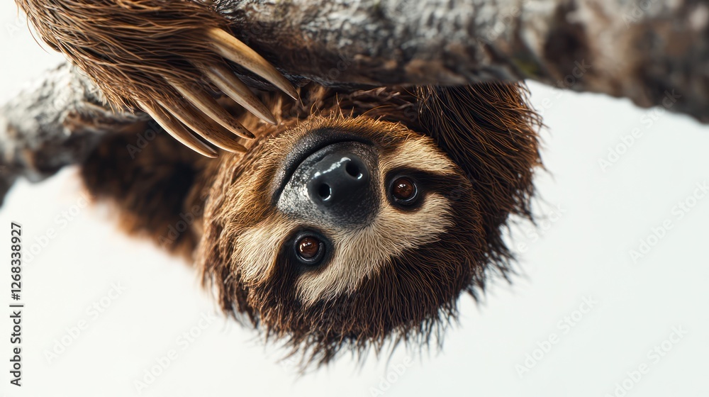 Up close sloth portrait, hanging upside down tree, rainforest ...