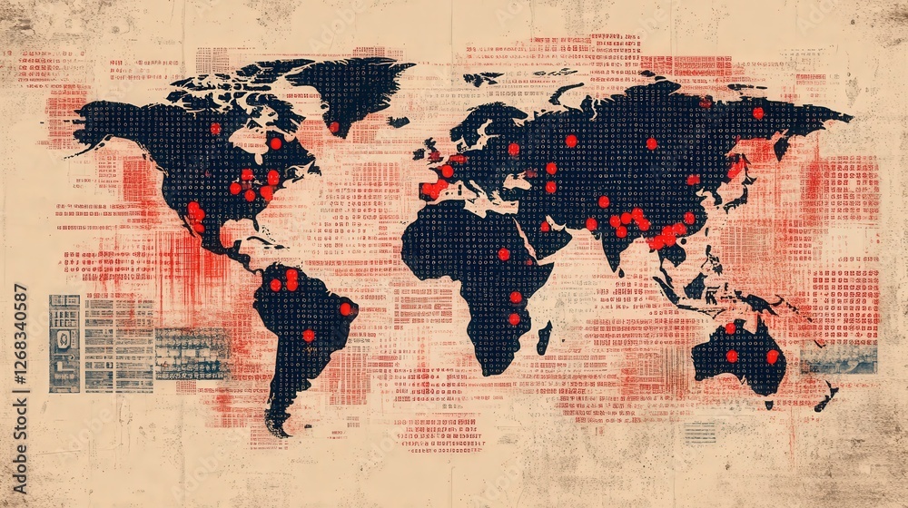 world map with red dots indicating a global ransomware outbreak, overlaid with binary code and ...