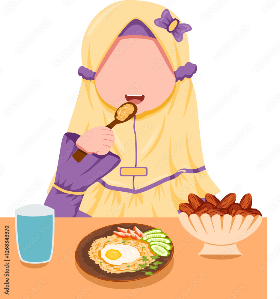 Muslim Girl Eating Meal Stock Vector | Adobe Stock