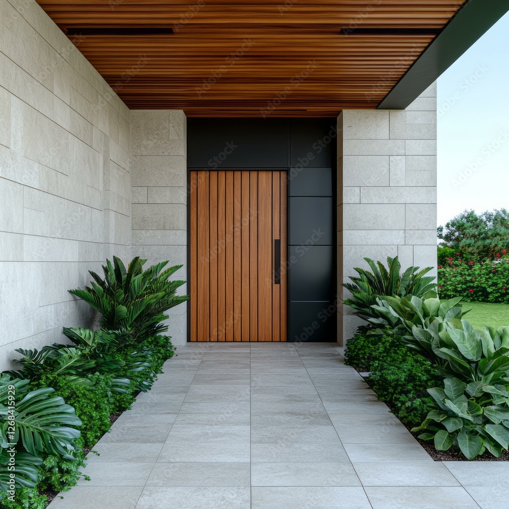 Contemporary residential home exterior with lush landscaping and modern ...