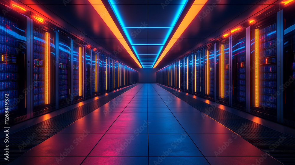 A long corridor of rows of servers in a data center, symbolizing the ...