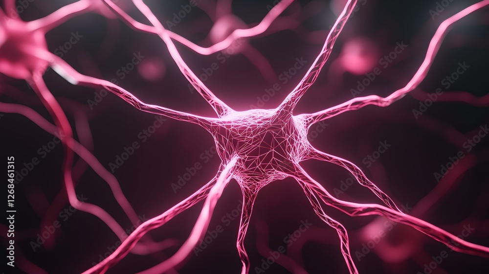 The image shows a stylized depiction of a neuron, its cell body and ...