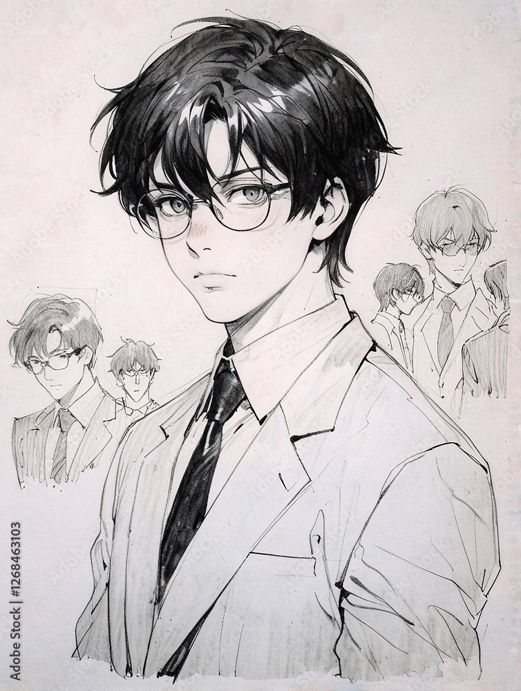 Detailed yet simple pencil and ink sketch of a formal suited man with ...