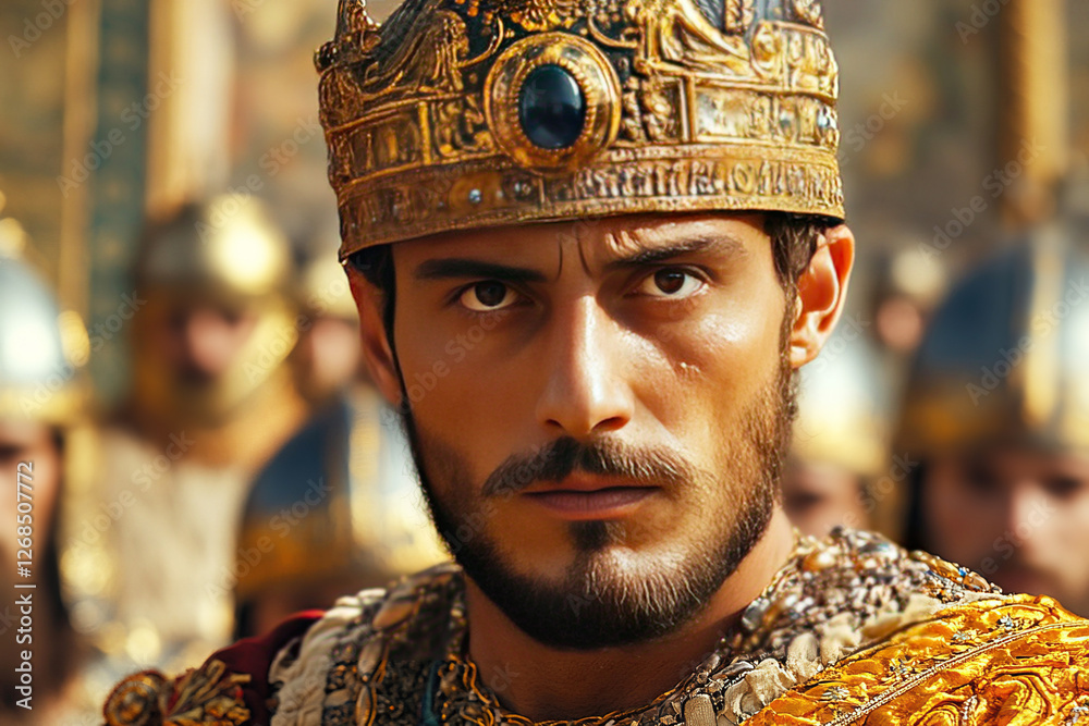 Byzantine Emperor Justinian I commanding his troops during a historic ...