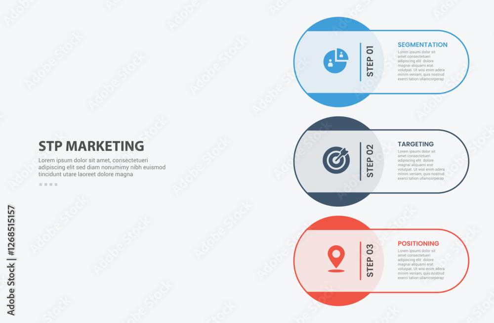 STP marketing infographic outline style with 3 point template with big ...