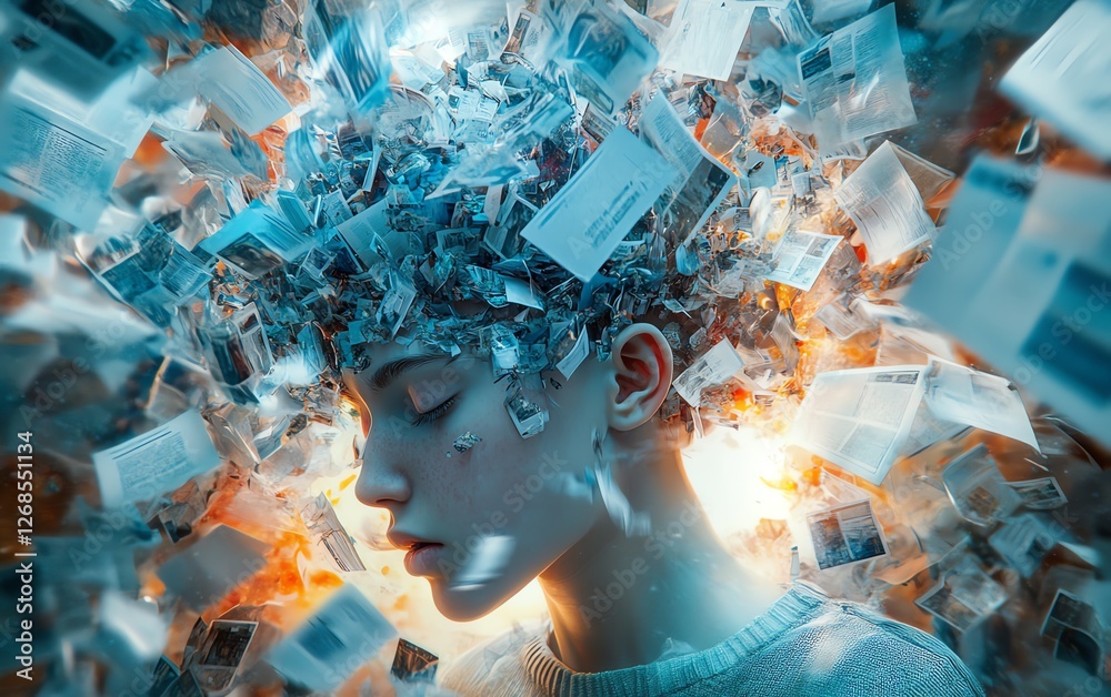 Too much information and media exploding from the head of a young ...