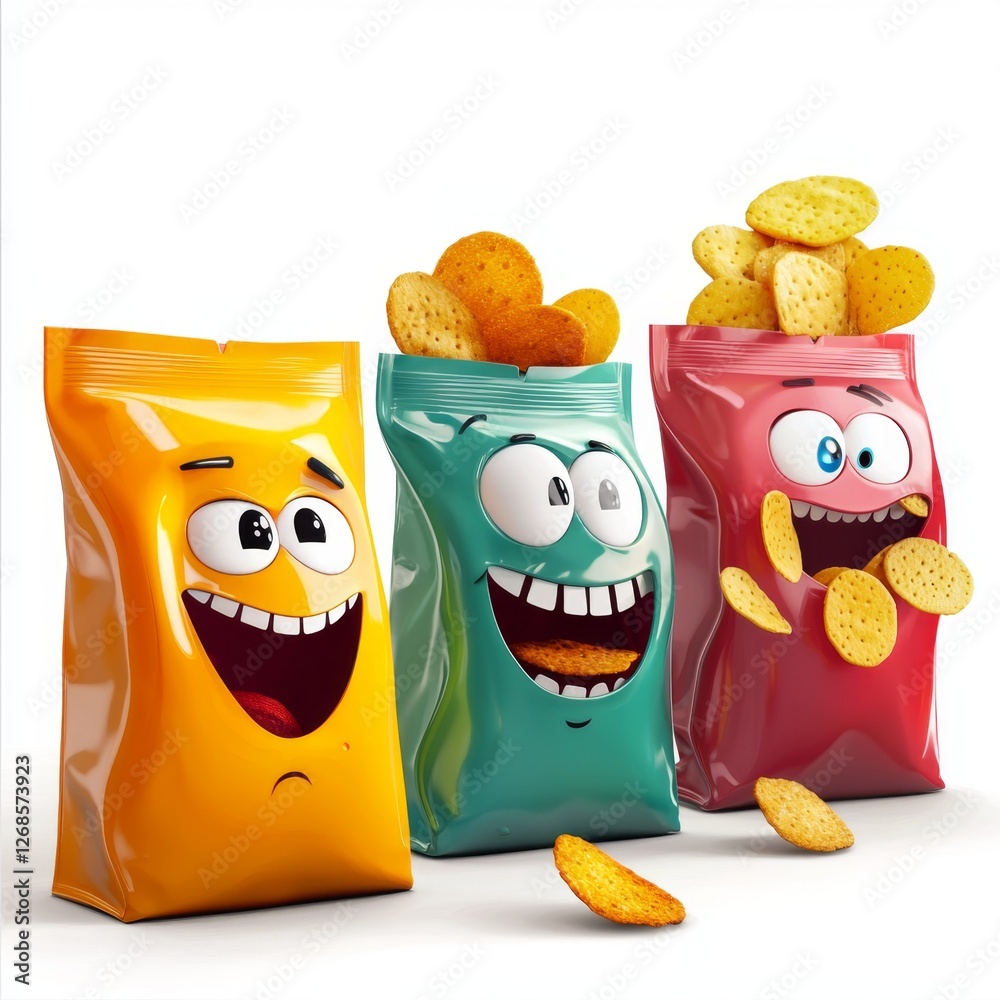 Colorful cartoon snack bags with expressive faces and floating chips in ...