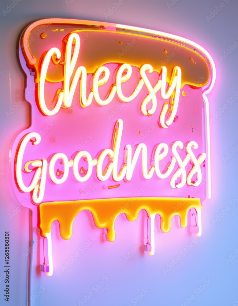 Neon sign reading cheesy goodness in glowing pink cursive letters ...